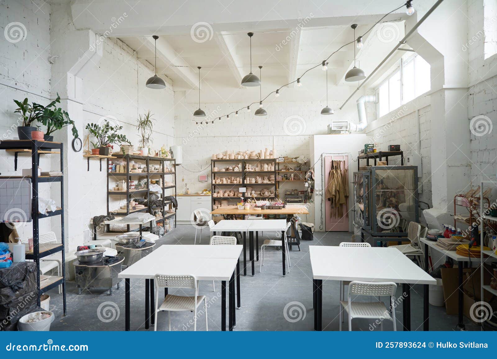 Modern Pottery Workshop with Shelving and Tables Stock Photo - Image of ...