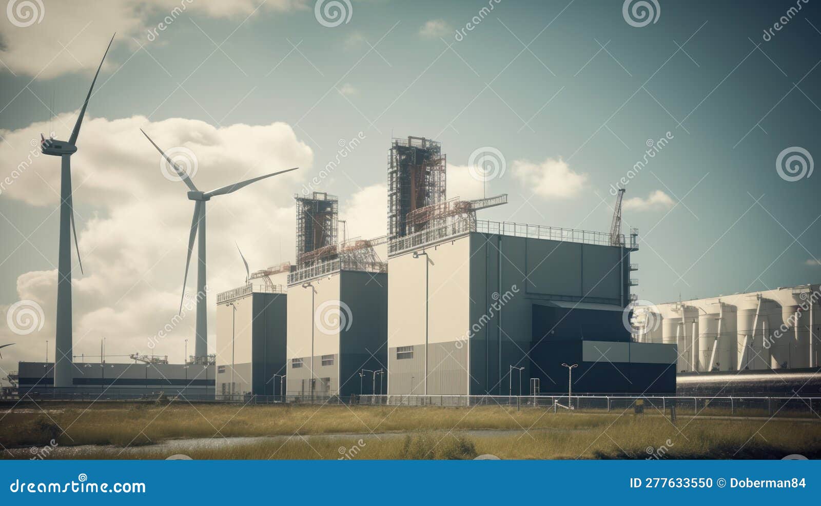 Modern Power Plant with Wind Generators, Large Power Units. Stock ...