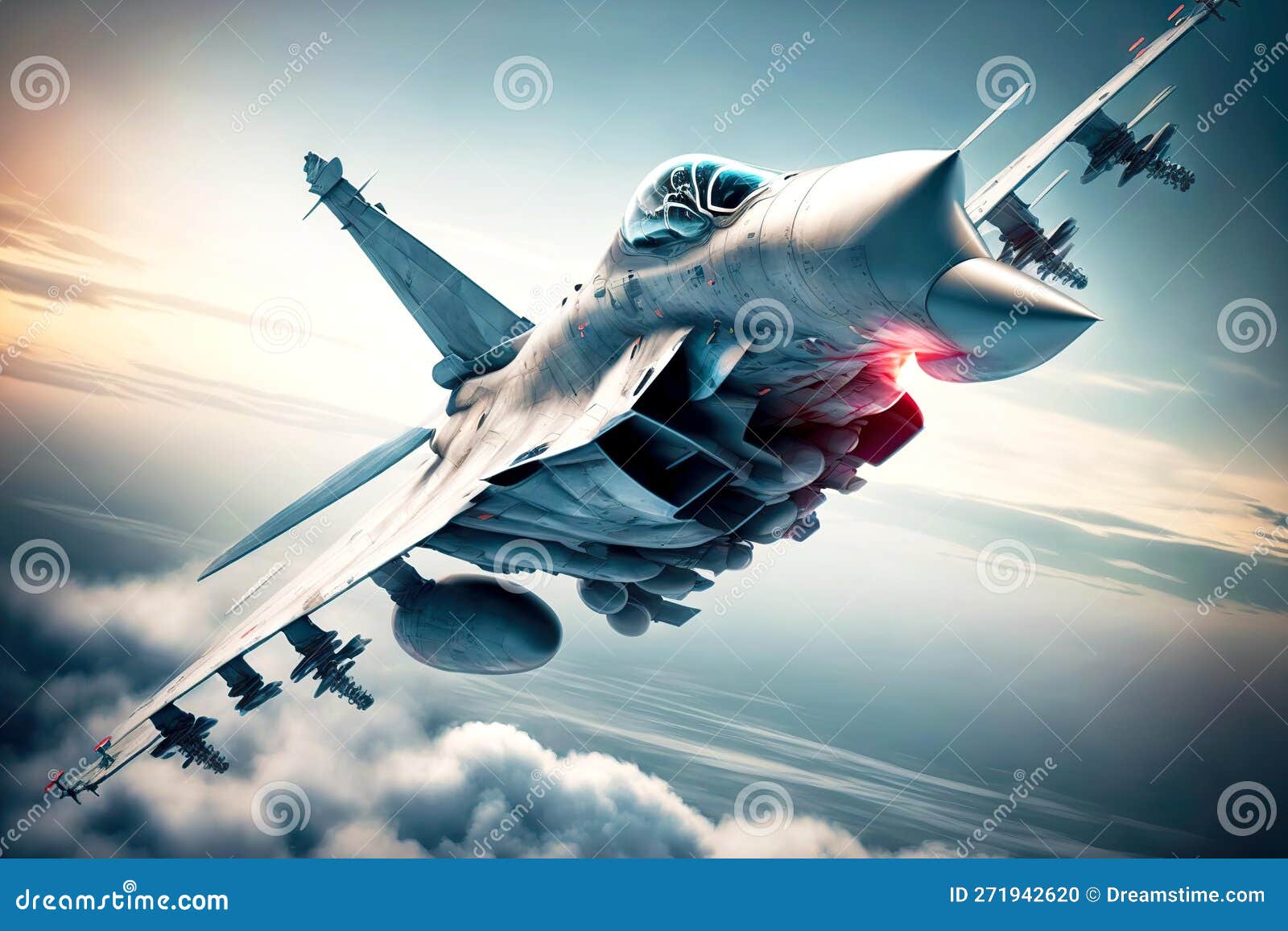 Modern Powerful Jet Military Aircraft Perform Flight at High Altitude ...