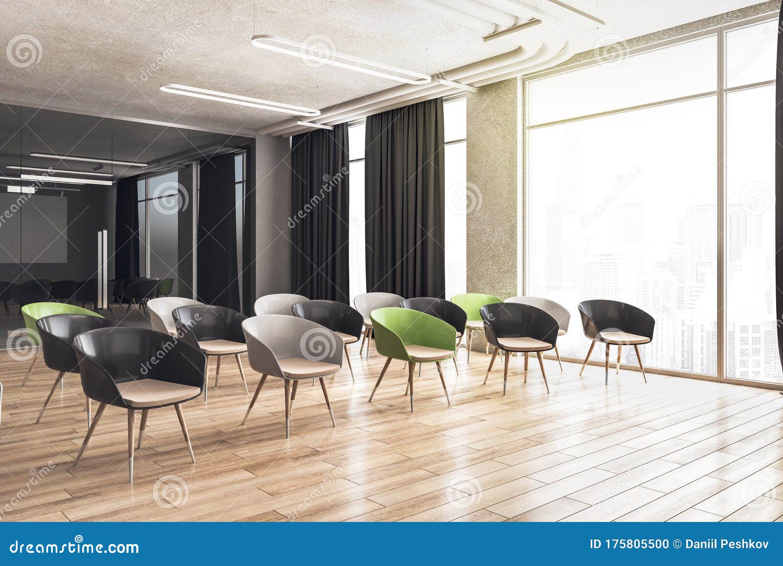 Modern Presentation Room with Blank Wall and City View Stock ...