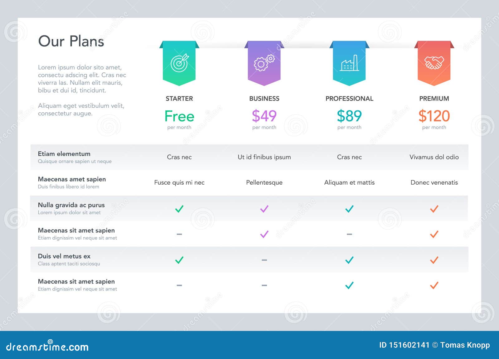 Modern Pricing Comparison Table with Four Subscription Plans and Place ... Modern Pricing Comparison Table with Four Subscription Plans and Place ...