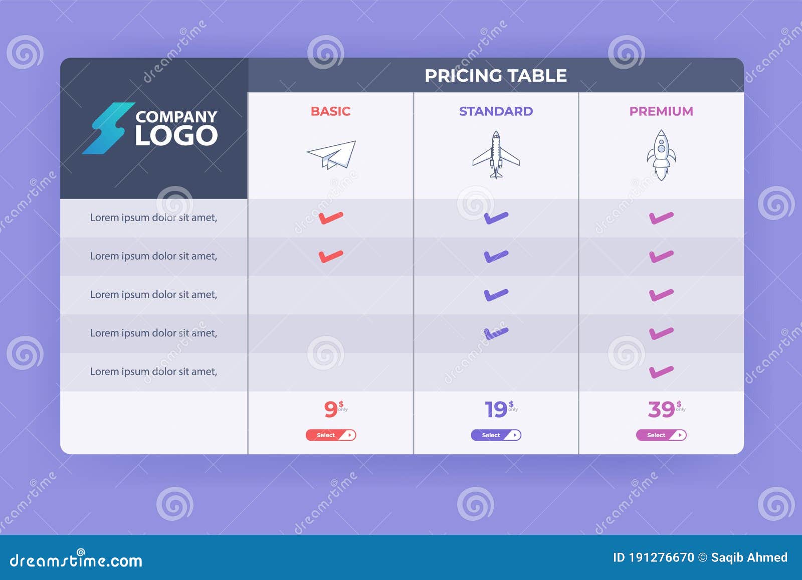 Modern Pricing Table Design with Three Subscription Plans. Stock Vector ...