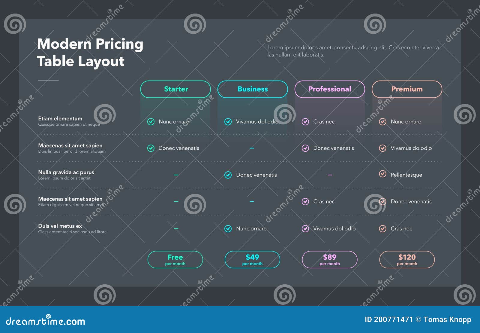 Modern Pricing Table Layout With Four Subscription Plans - Dark Version ...