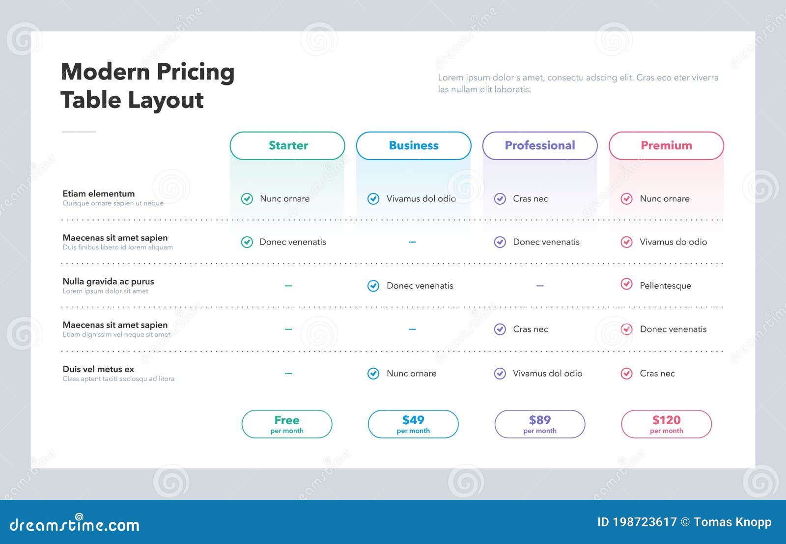 Modern Pricing Table Layout with Four Subscription Plans Stock Vector ... Modern Pricing Table Layout with Four Subscription Plans Stock Vector ...