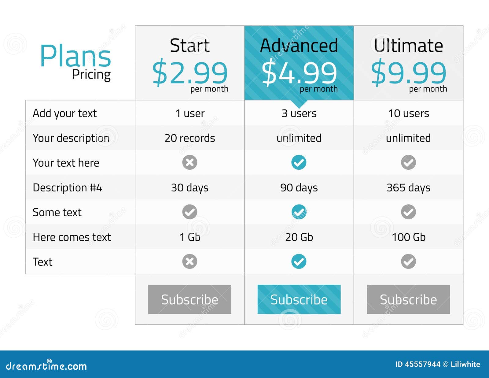 Modern Pricing Table with Turquoise Recommended Op Stock Illustration ...