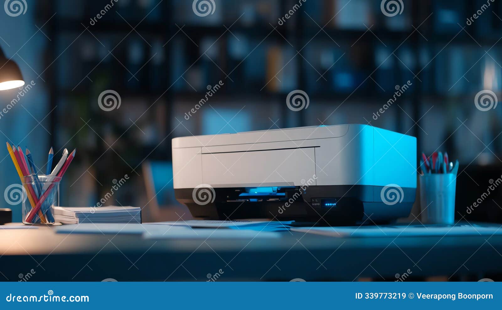 Modern Printer on Desk with Office Supplies in a Cozy Workspace at ...