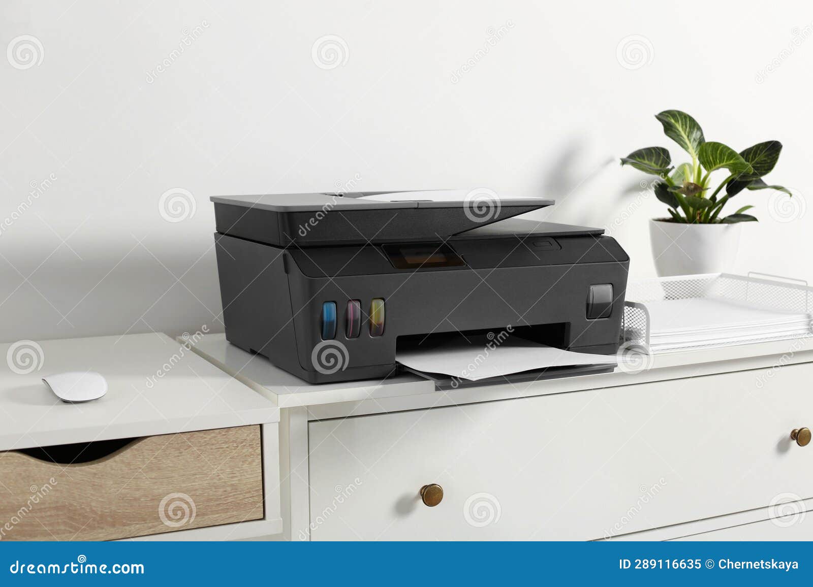 Modern Printer with Paper on Chest of Drawers Indoors Stock Image ...