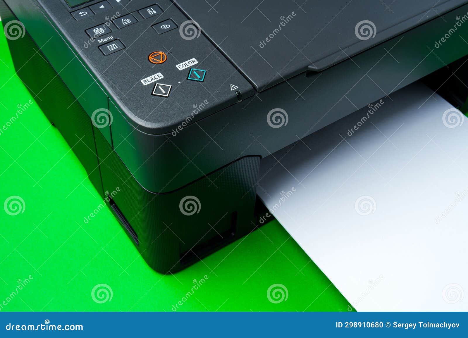Modern Printer with Paper on Green Background Close Up Stock Photo ...