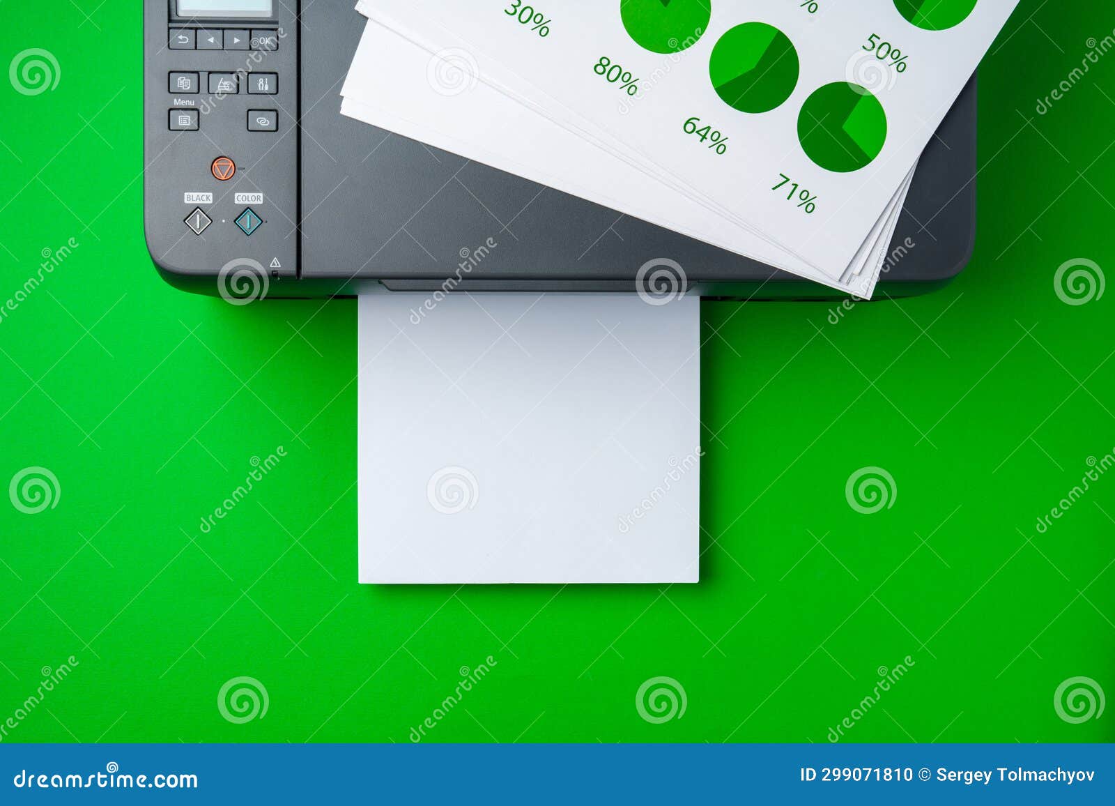 Modern Printer with Paper on Green Background Close Up Stock Photo ...