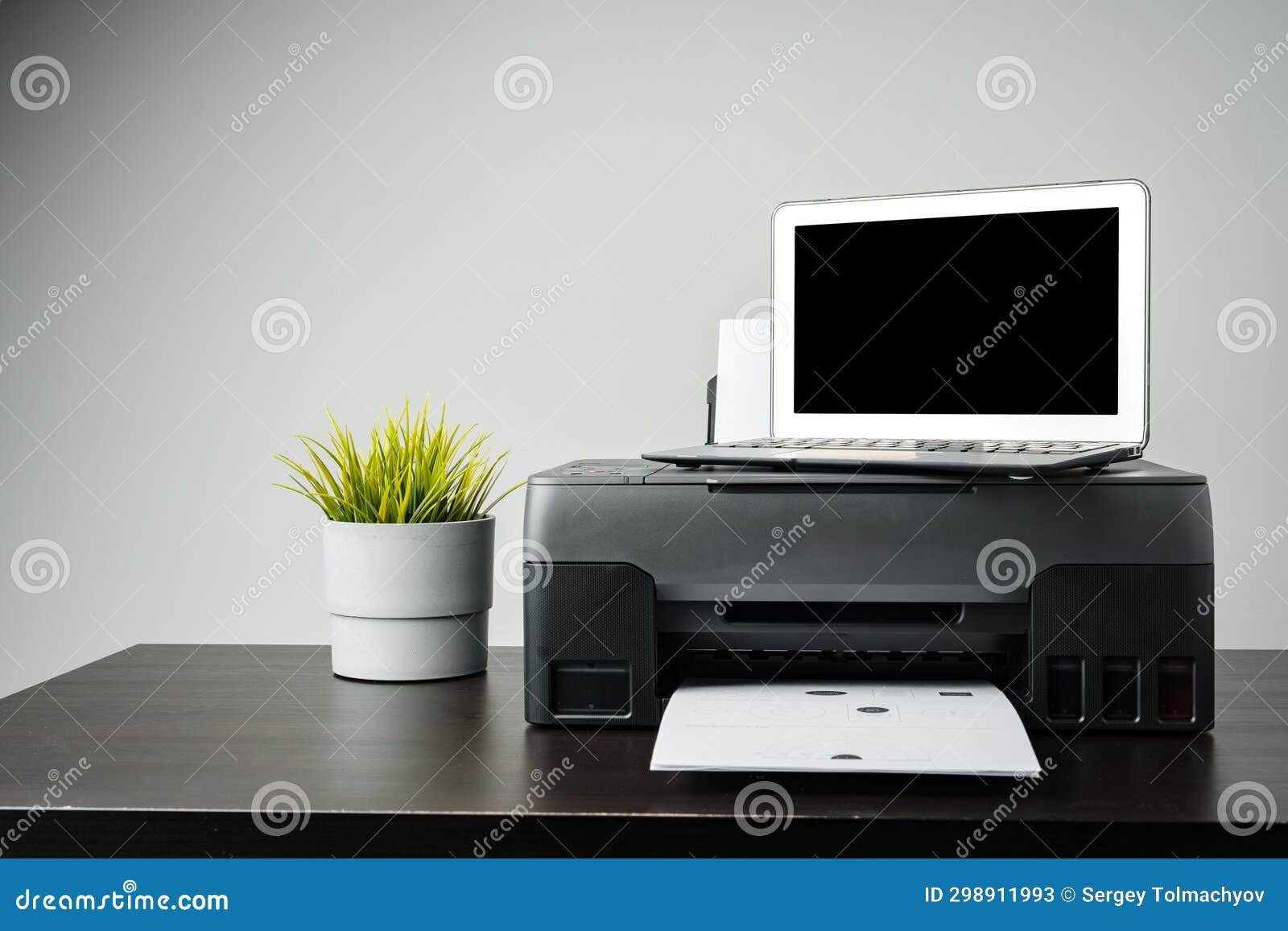 Modern Printer with Paper and Laptop on Table in Office Stock Image ...