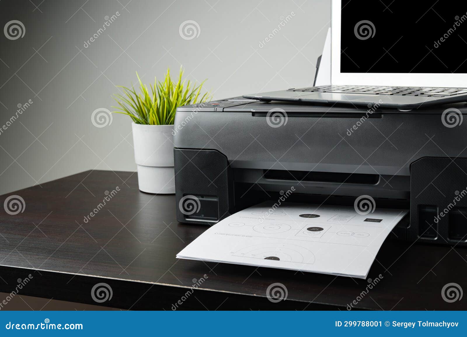 Modern Printer with Paper and Laptop on Table in Office Stock Image ...