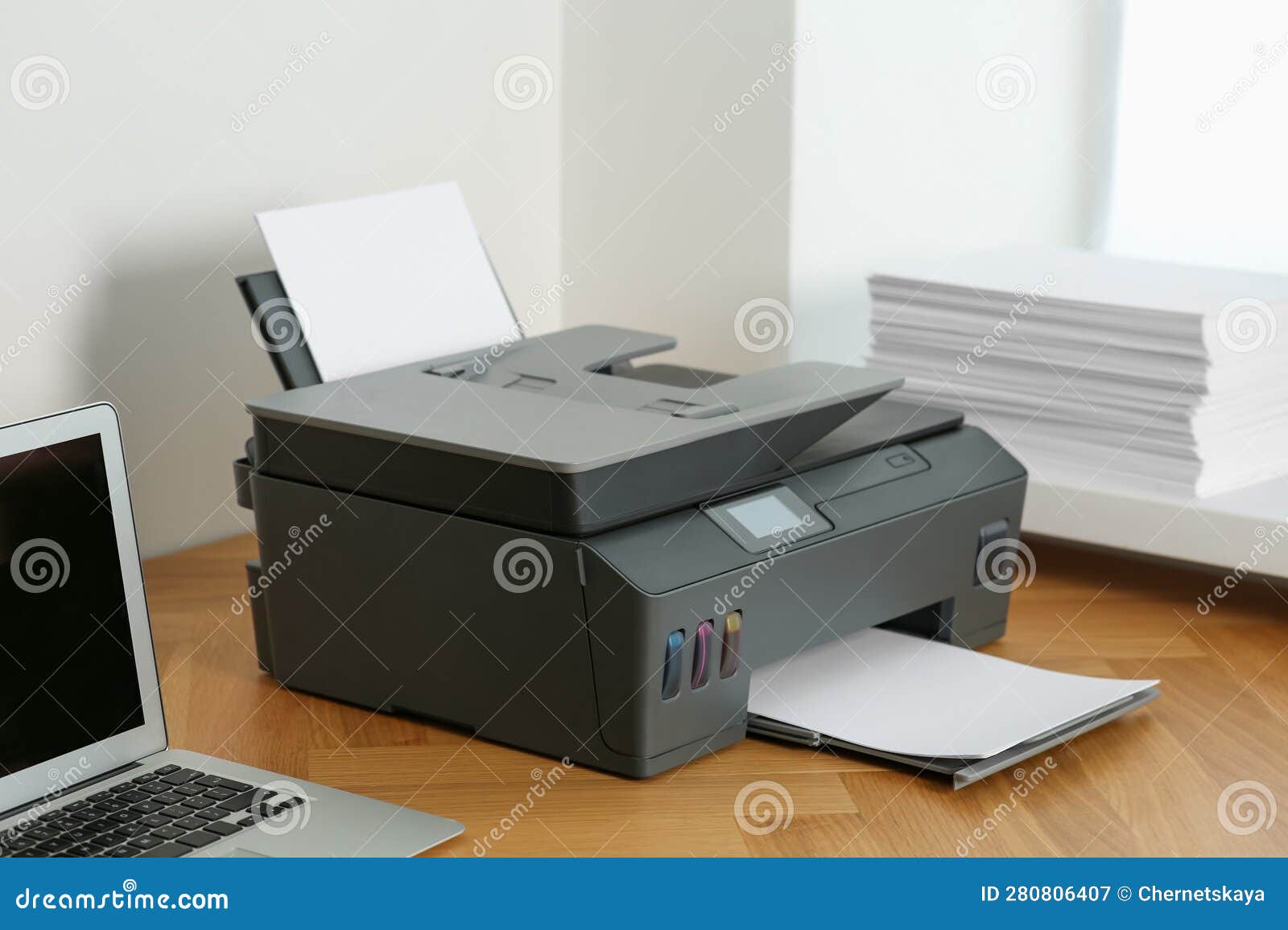 Modern Printer with Paper and Laptop on Wooden Table Stock Image ...