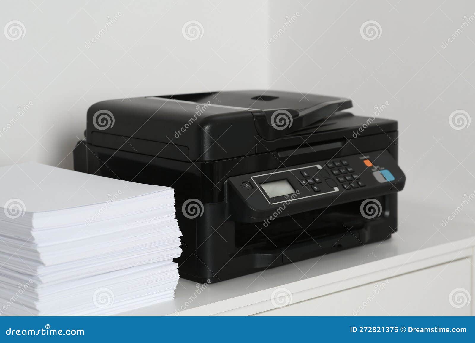 Modern Printer and Paper Sheets on White Table Indoors Stock Image ...