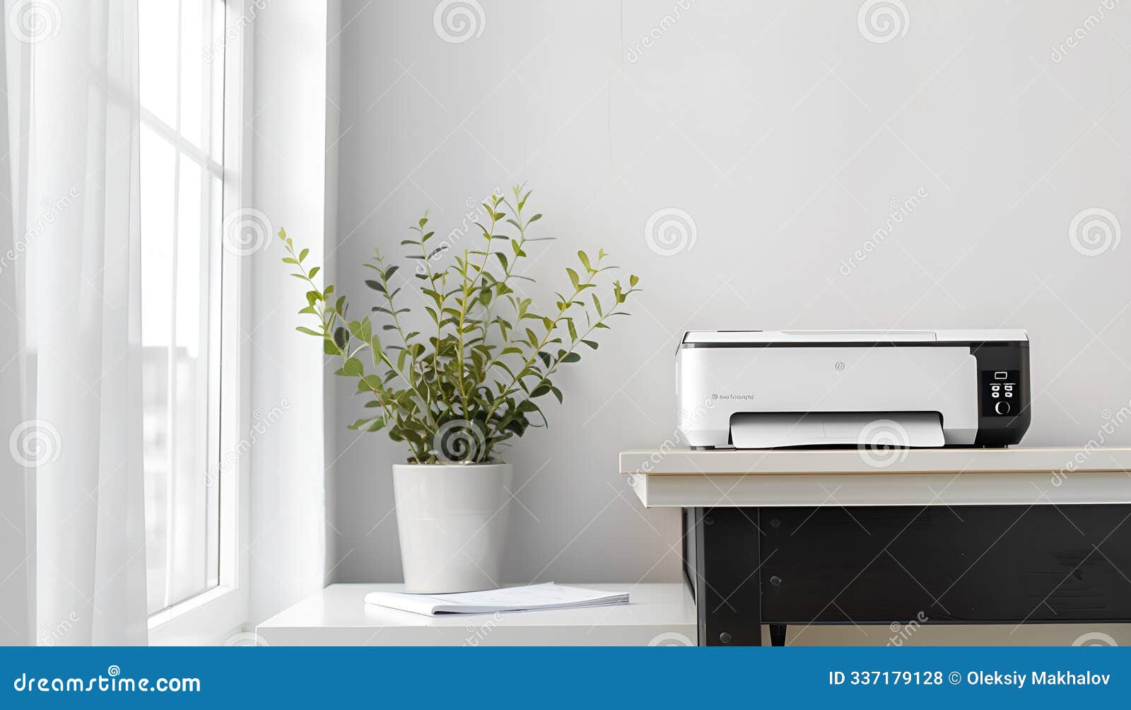 Modern Printer with Paper on Table Near White Wall, Space for Text ...
