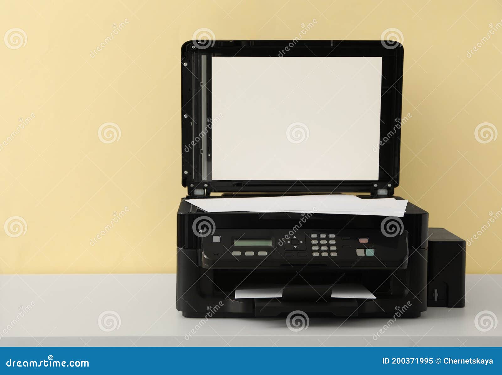 Modern Printer with Paper on White Table Stock Image - Image of ...