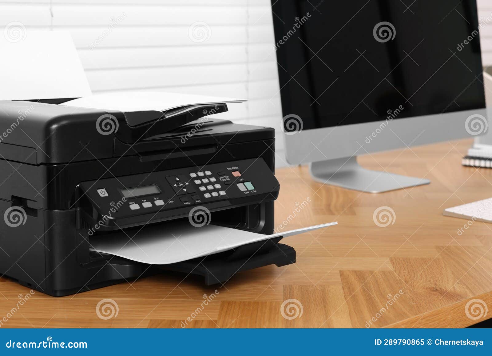 Modern Printer with Paper on Wooden Desk Indoors. Space for Text Stock ...