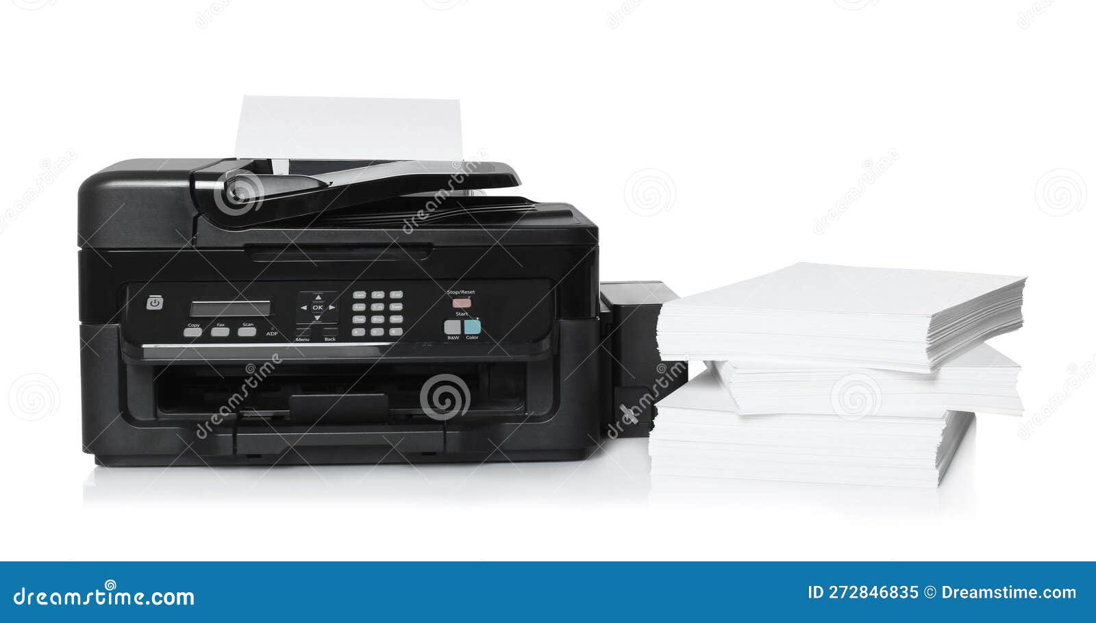 Modern Printer and Stack of Paper on White Background Stock Image ...