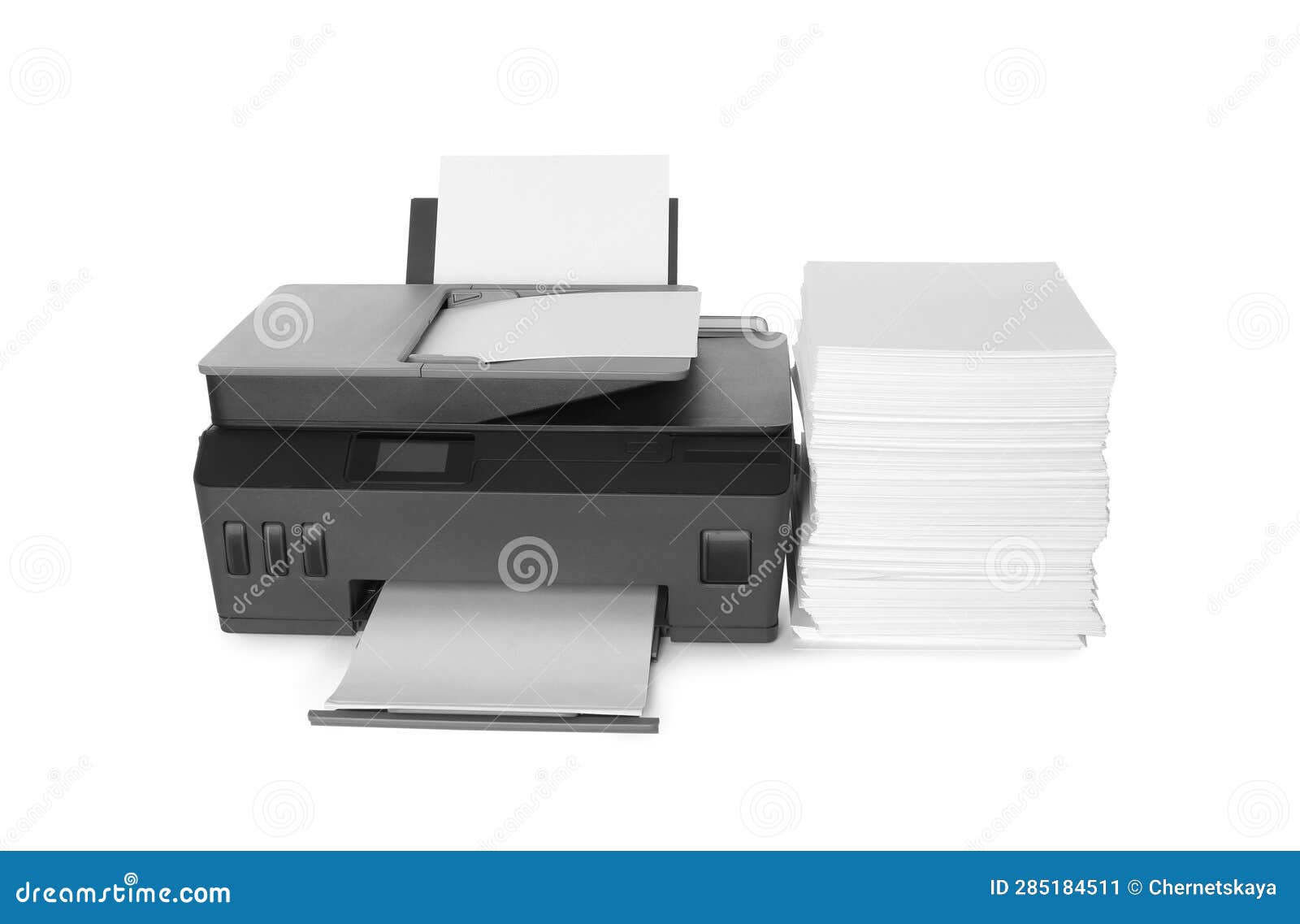 Modern Printer and Stack of Paper on White Background Stock Image ...