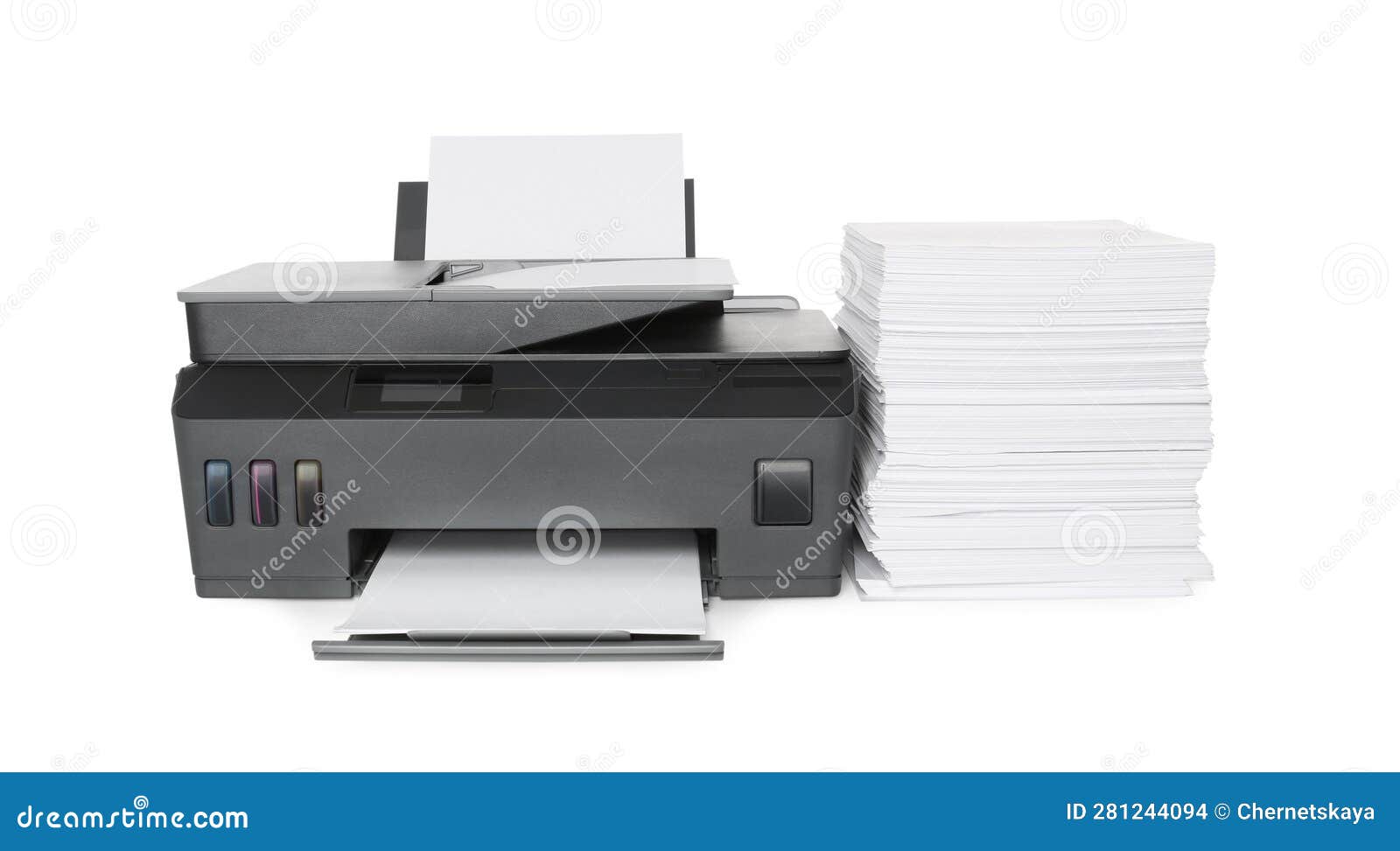 Modern Printer and Stack of Paper on White Background Stock Photo ...