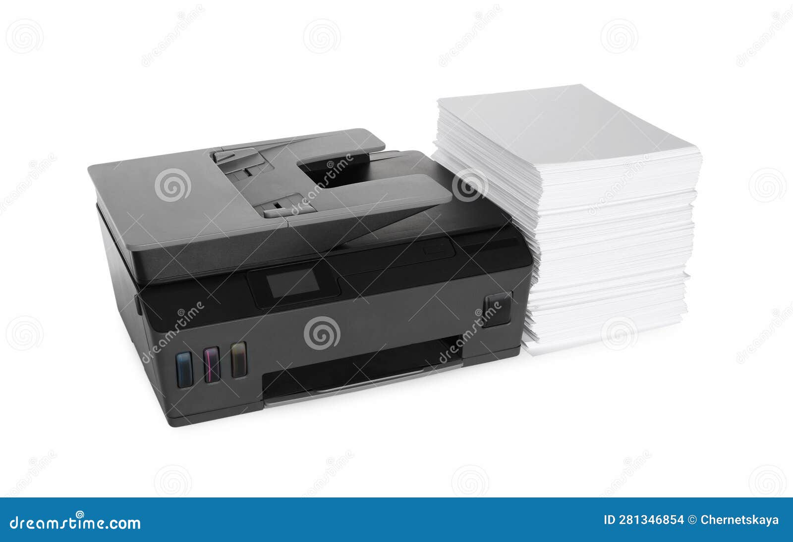 Modern Printer and Stack of Paper on White Background Stock Photo ...