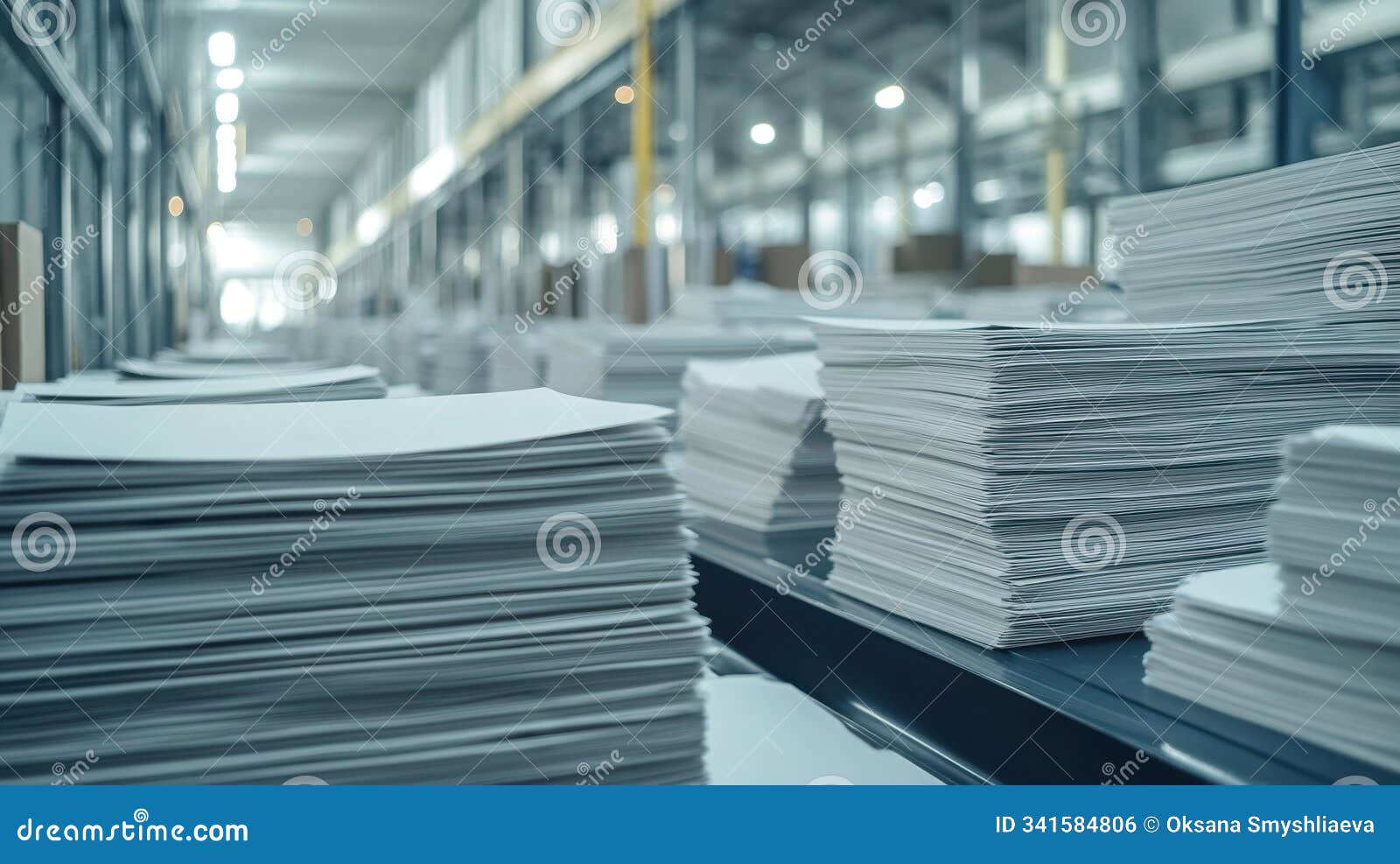 Modern Printing Facility with Stacks of Paper on Conveyor Belt Stock ...