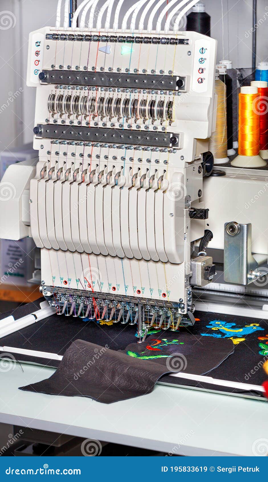 Industrial Embroidery Machine with Multicolored Threads, Close-up ...