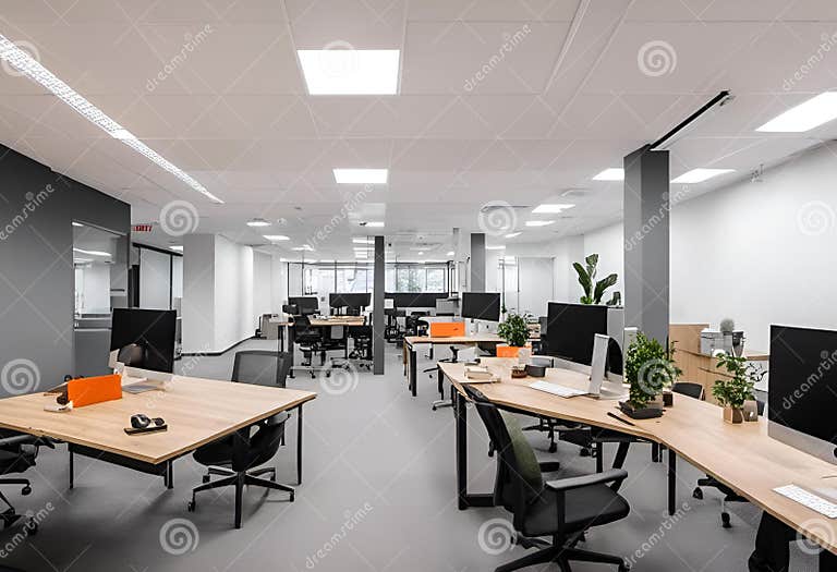 A Modern and Professional Office Space Featuring Several Desks and ...