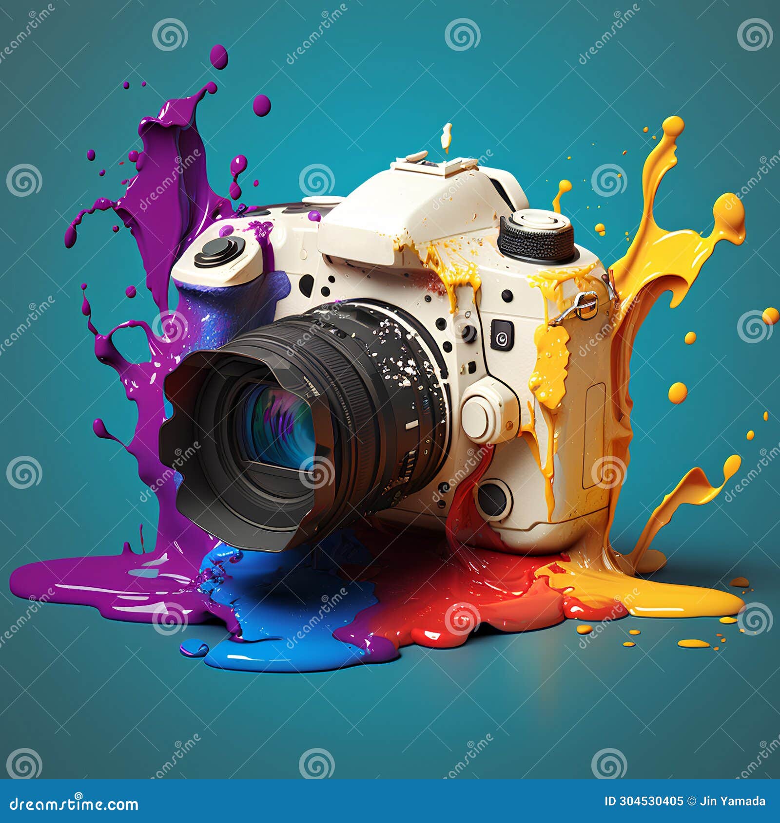 Modern Professional Photo Camera with Colorful Splashes on Blue ...