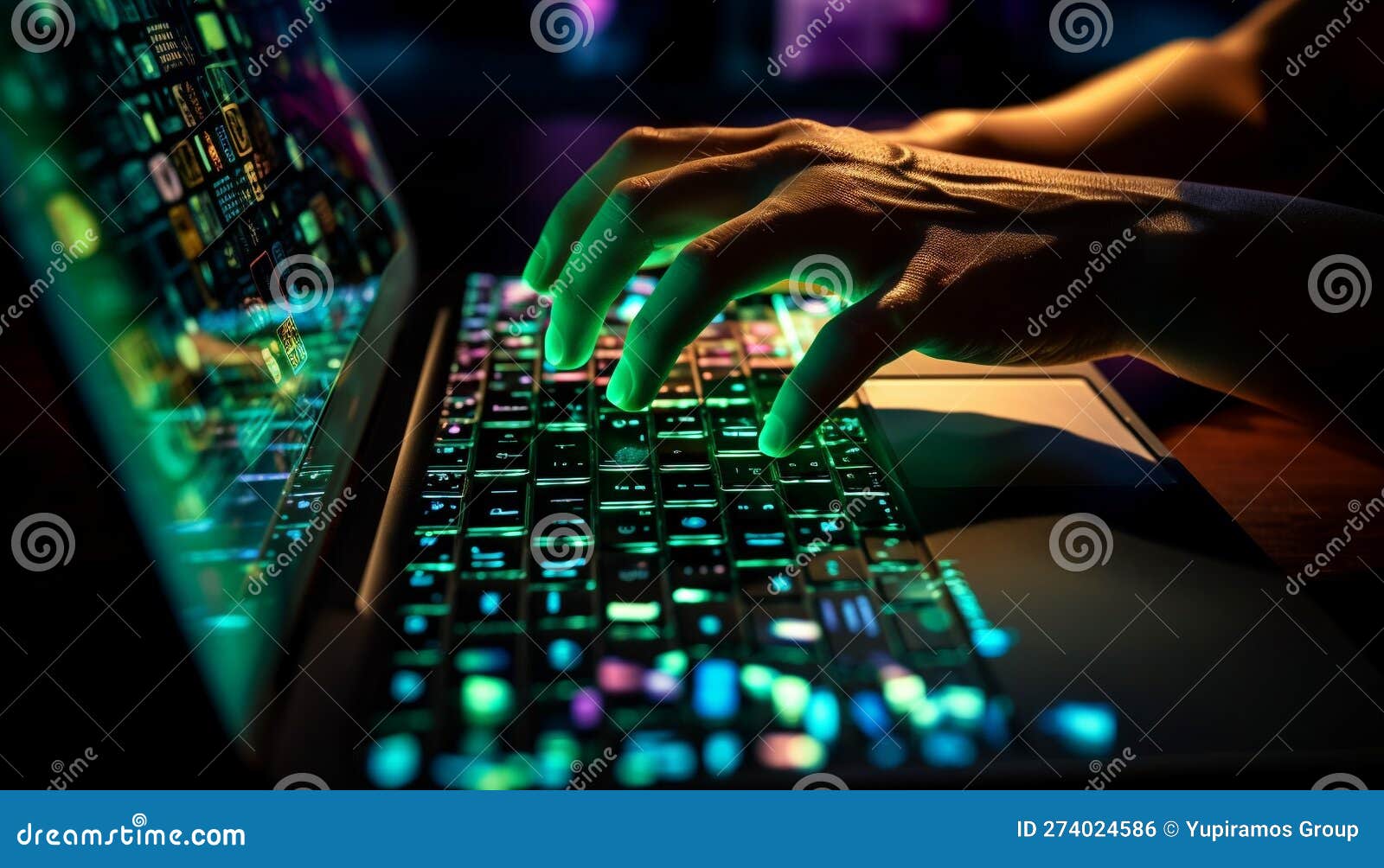 Modern Programmer Typing Data on Illuminated Laptop Screen Generated by ...