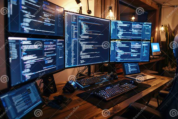 Modern Programmer Workspace with Multiple Monitors Displaying Code ...