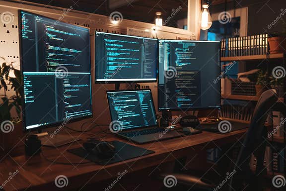 Modern Programmer Workspace with Multiple Monitors Displaying Code ...