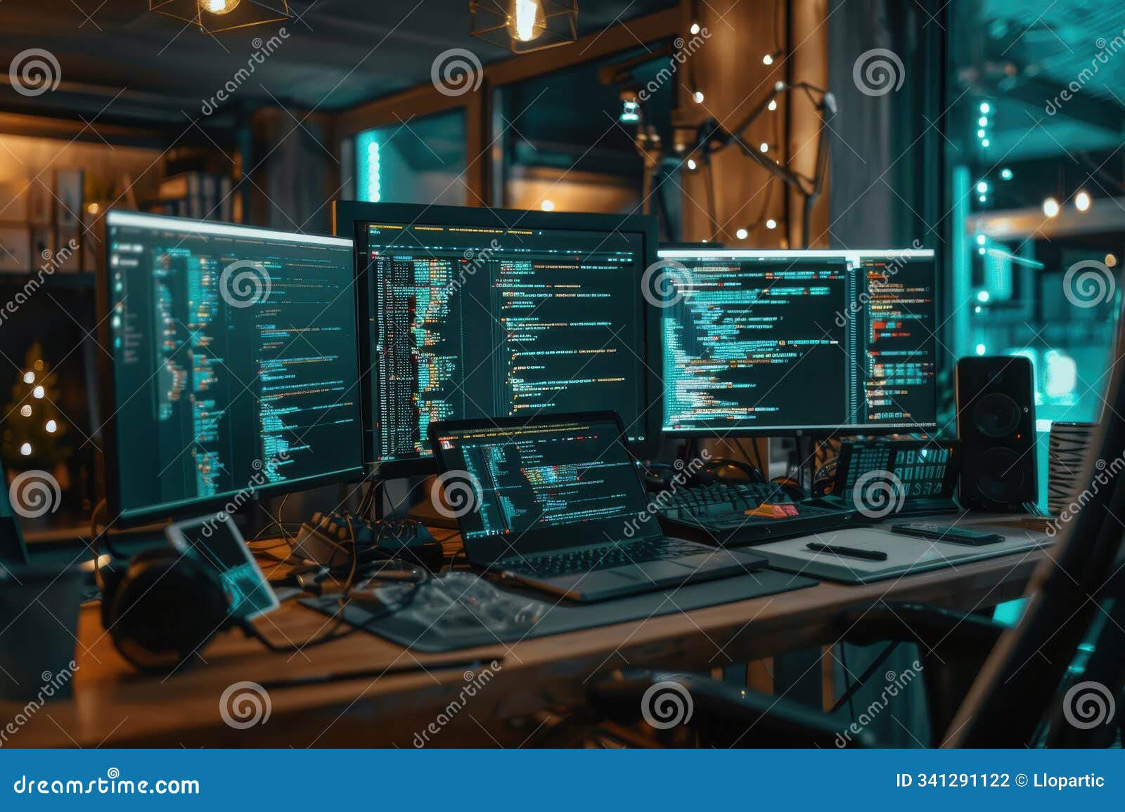 Modern Programmer Workspace with Multiple Monitors Displaying Code ...