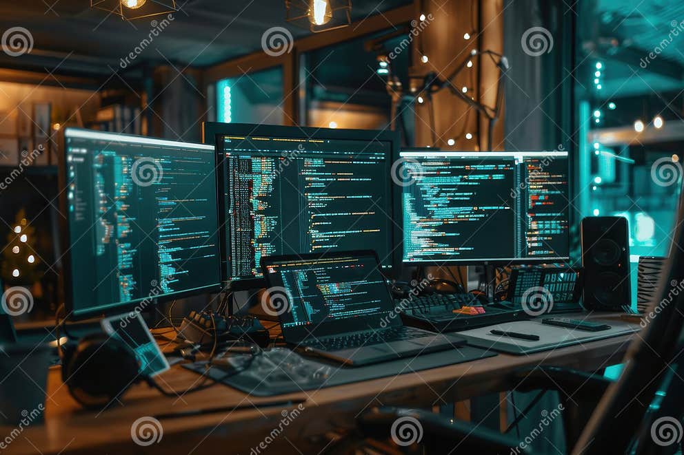 Modern Programmer Workspace with Multiple Monitors Displaying Code ...