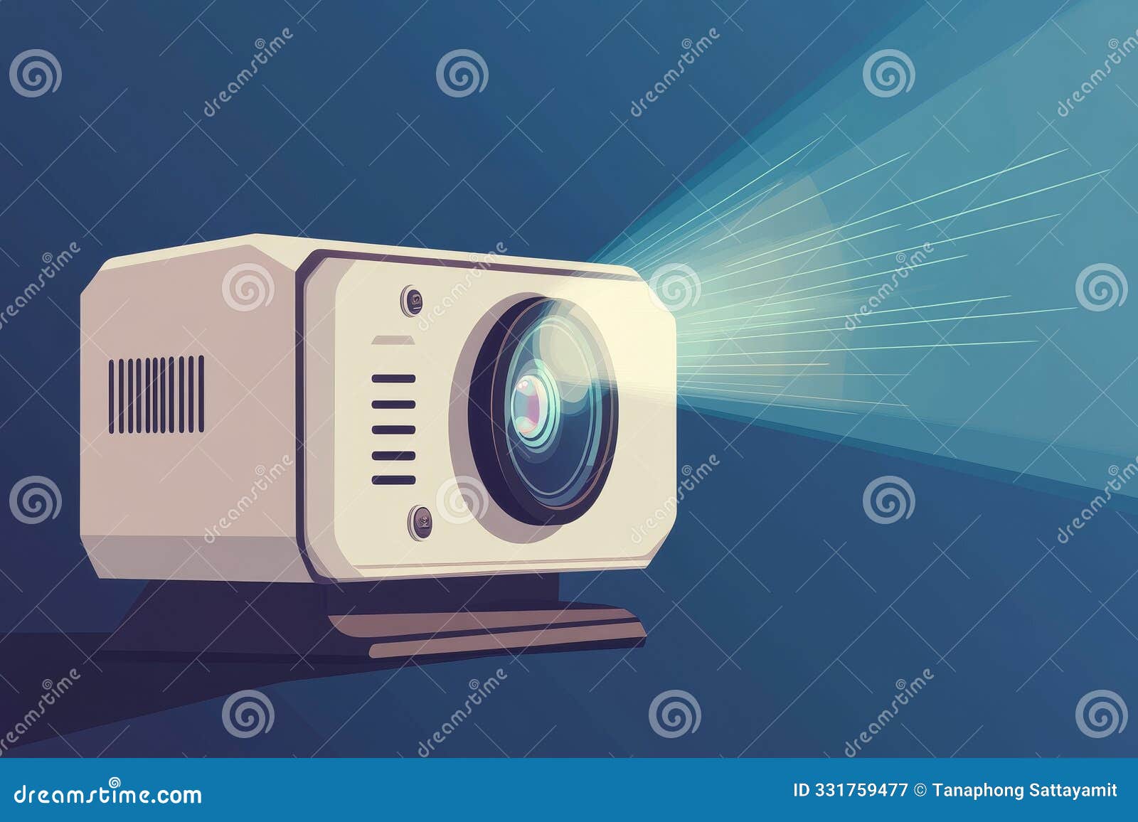A Modern Projector with a Lens Shining a Light Beam on a Blue ...