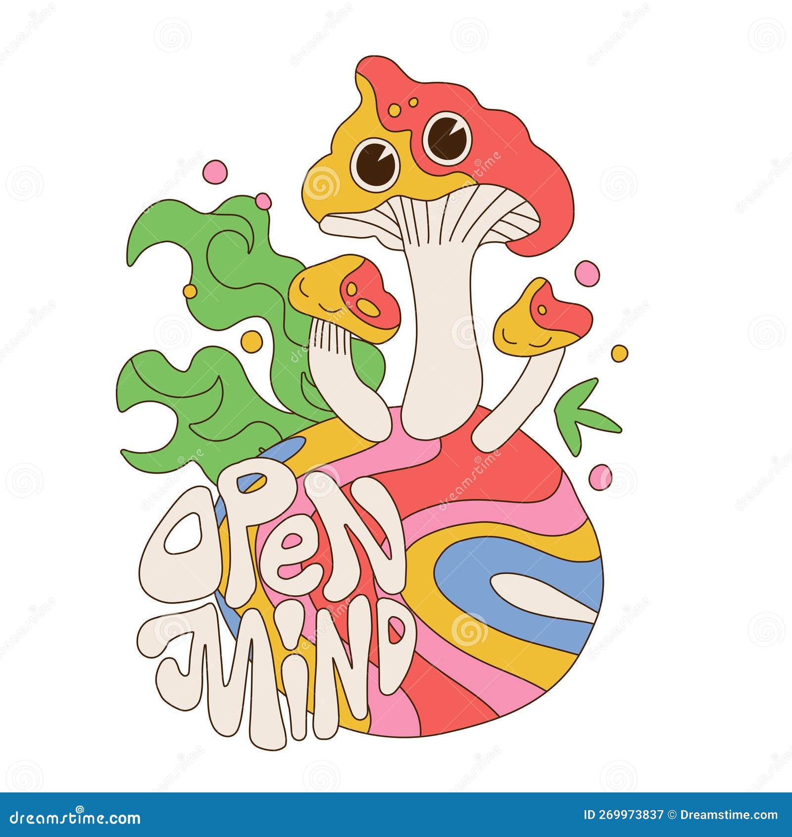 Modern Psychedelic Art Concept Trippy Mushrooms With Eyes Rainbow Planet Text Open Mind Stock