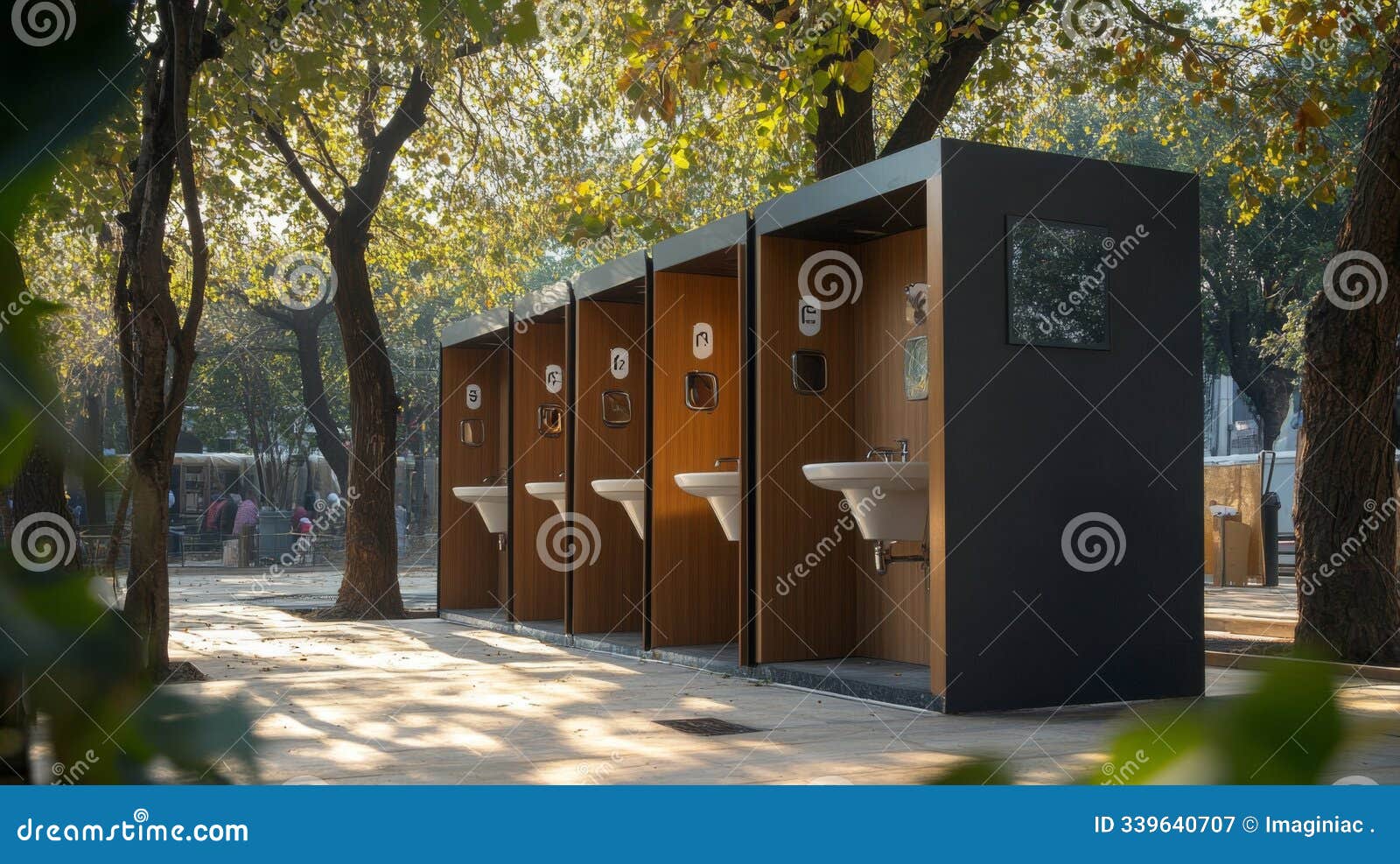 Modern Public Restrooms Underneath a Canopy of Trees Stock Illustration ...