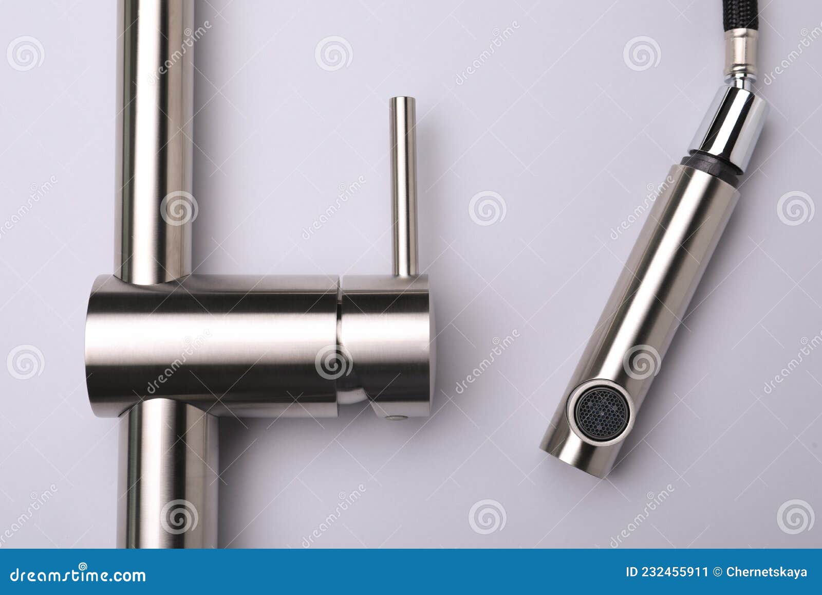 Modern Pull Out Kitchen Faucet on Grey Background, Top View Stock Image ...