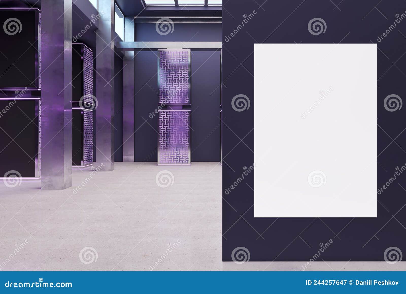 Modern Purple Server Room Interior with Empty Mock Up Poster. Database ...