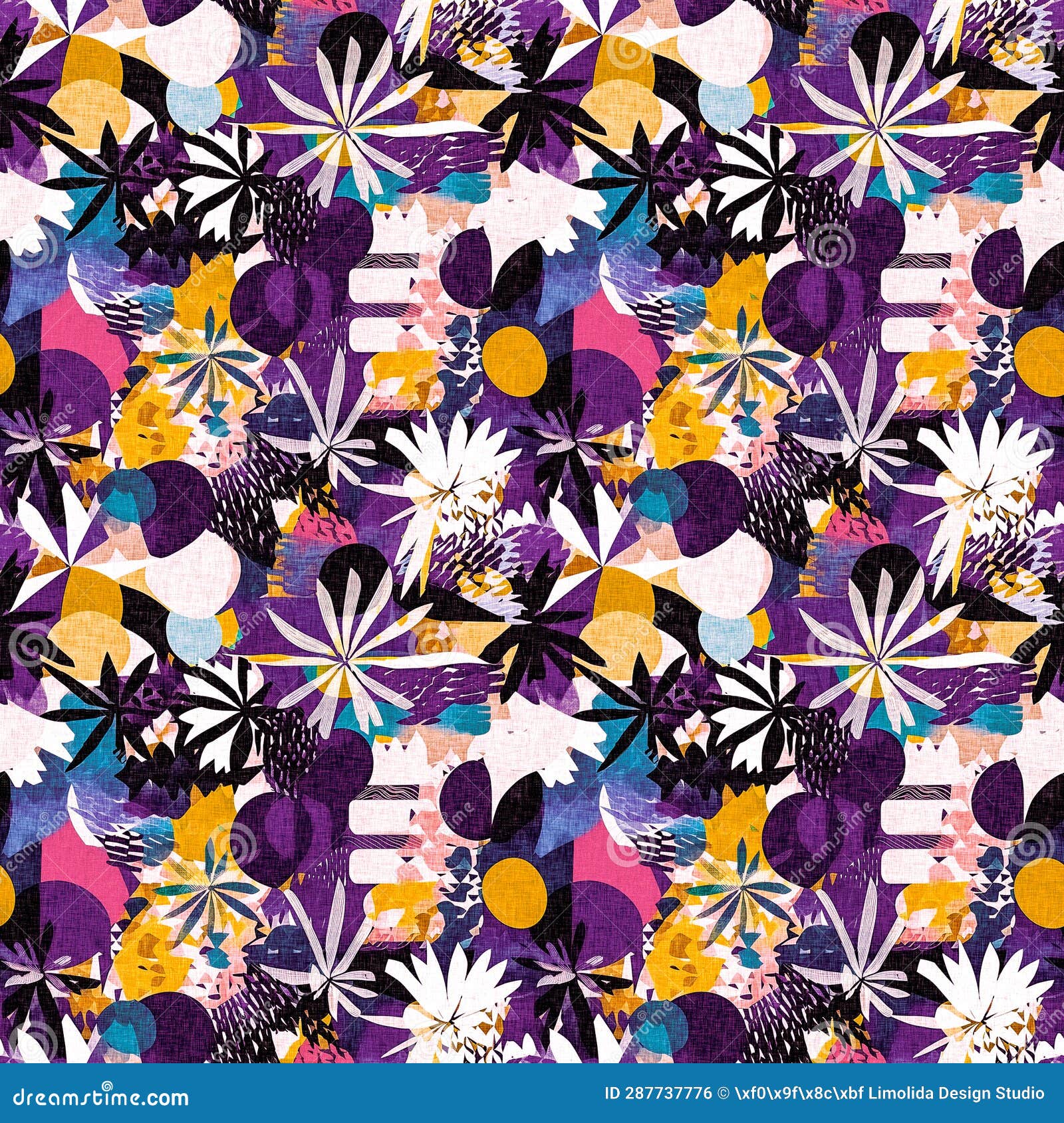Modern Purple Summer Collage Paper Cut Out Shapes Pattern With Fabric