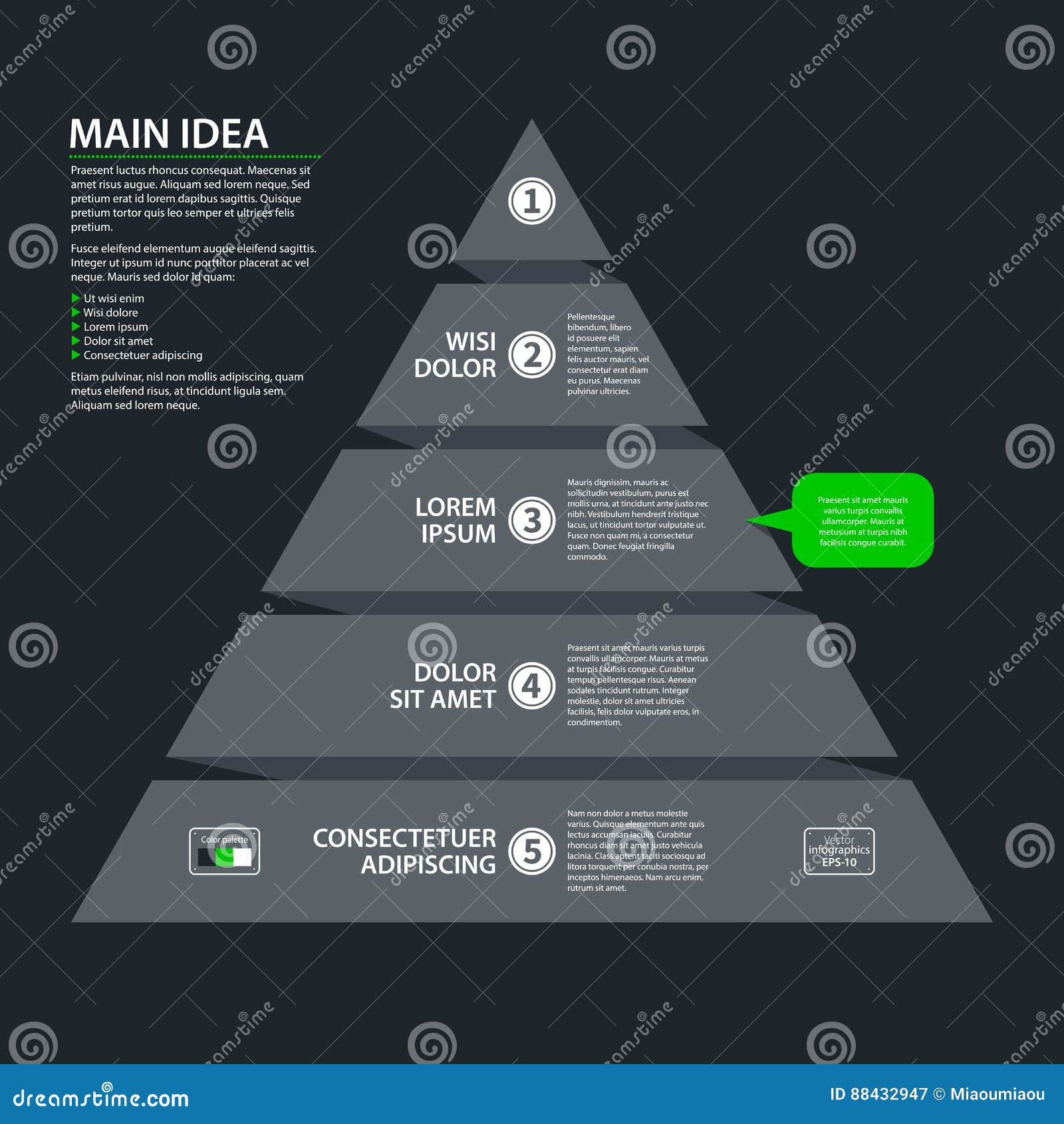 Modern Pyramid Chart Template with Five Levels in Flat Style on Dark ...