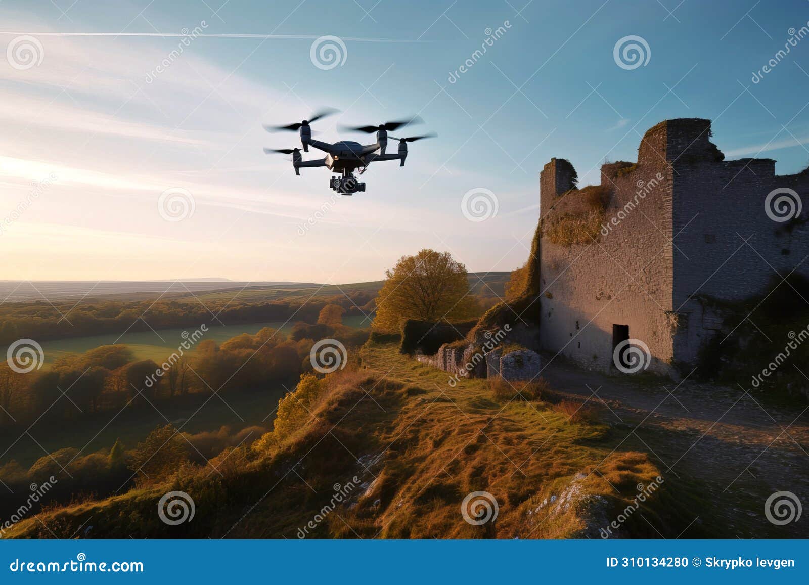 Modern Quadcopter Drone Flying and Shooting Ancient Ruined Castle Stock ...