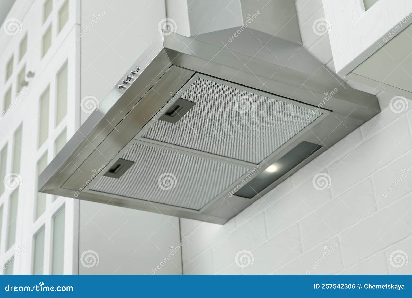 Modern Range Hood on White Brick Wall in Kitchen Stock Photo - Image of ...