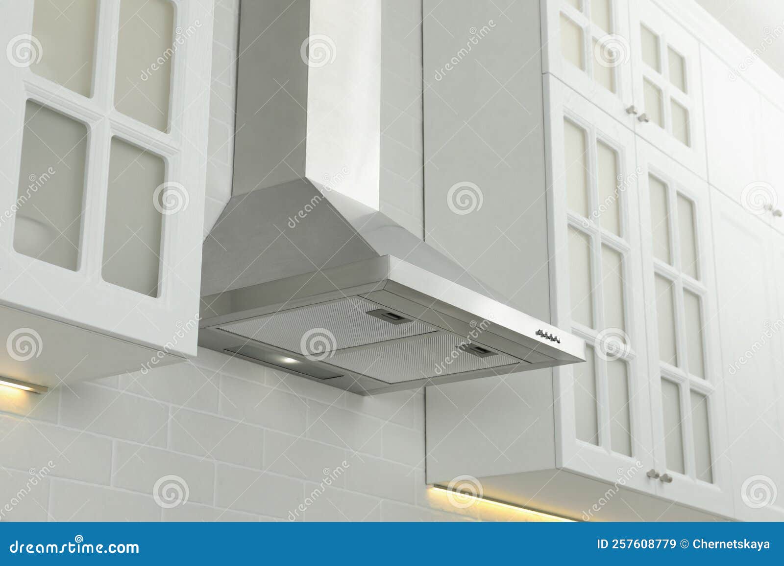 Modern Range Hood on White Brick Wall in Kitchen Stock Image - Image of ...