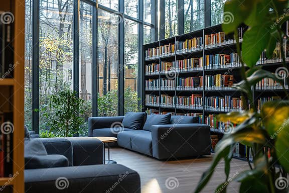 Modern Reading Corner in a Library, with Cozy Sofas and Large Windows ...