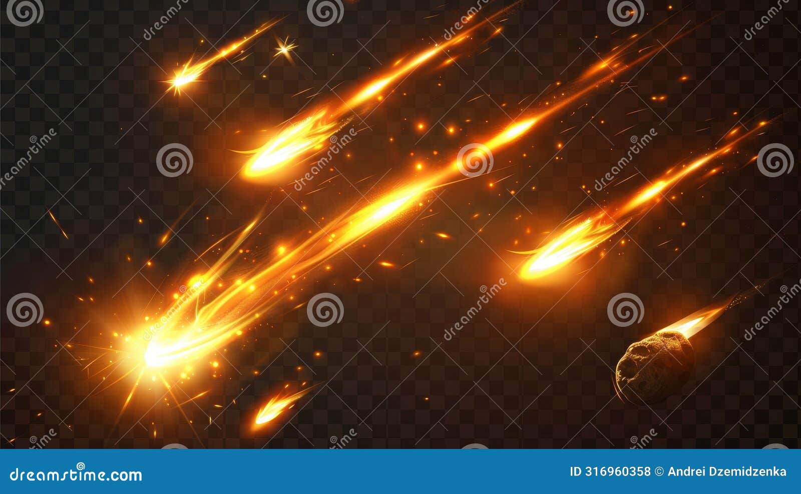 Modern Realistic Set of Flying Glowing Meteorites from Space, Fireballs ...