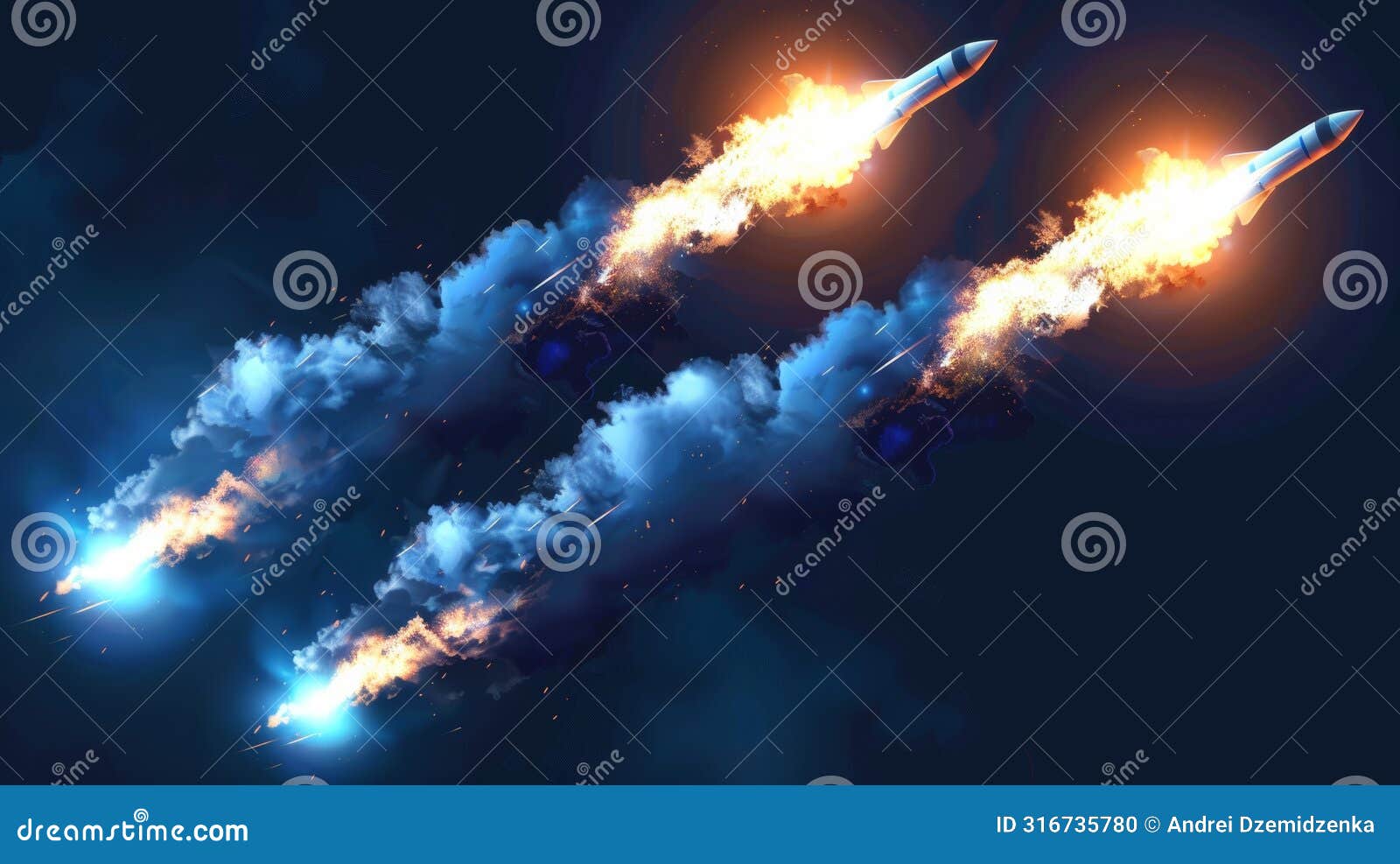 Modern Realistic Set of Rocket, Space Ship, Jet Launch Smoke Trail ...