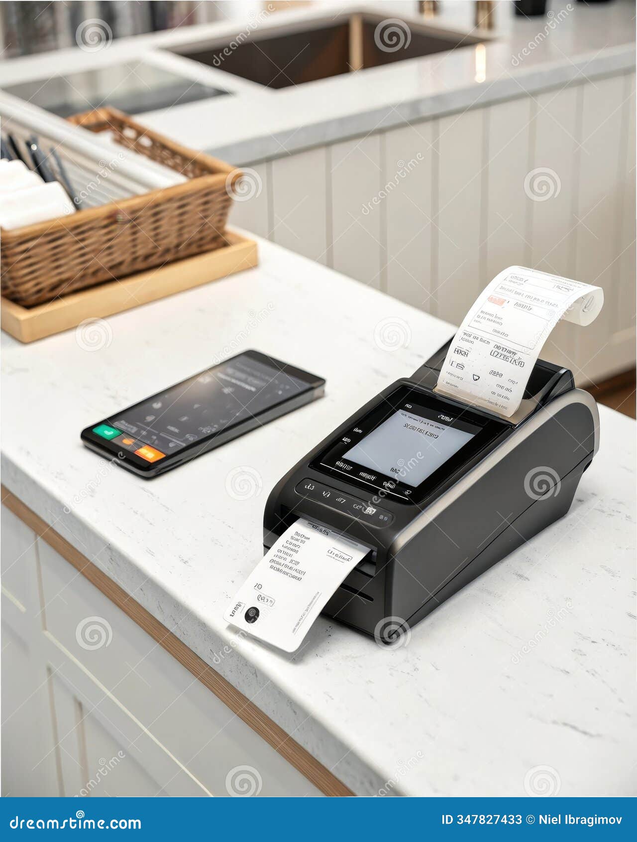 Modern Receipt Printer and Smartphone Payment System on Countertop ...