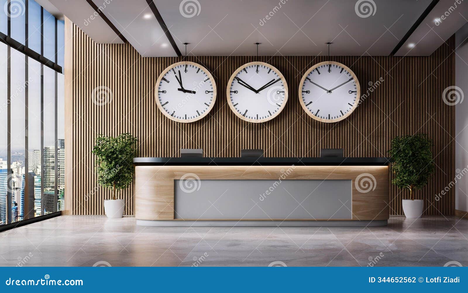 Modern Reception Area with Clocks Displaying Different Time Zones. 3D ...