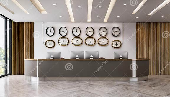 Modern Reception Area with Clocks Displaying Different Time Zones. 3D ...