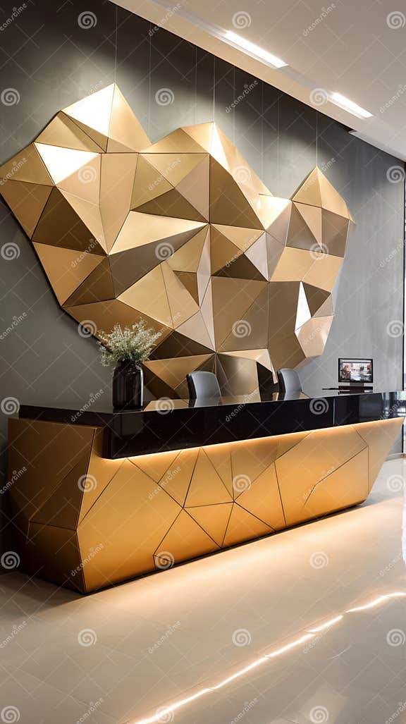 A Modern Reception Area with a 3D Geometric Mirror Wall Pattern, Stock ...